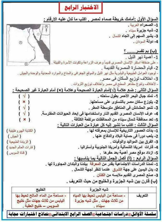 اختبارات دراسات اجتماعية محلولة للصف الرابع الابتدائي نصف العام 2018