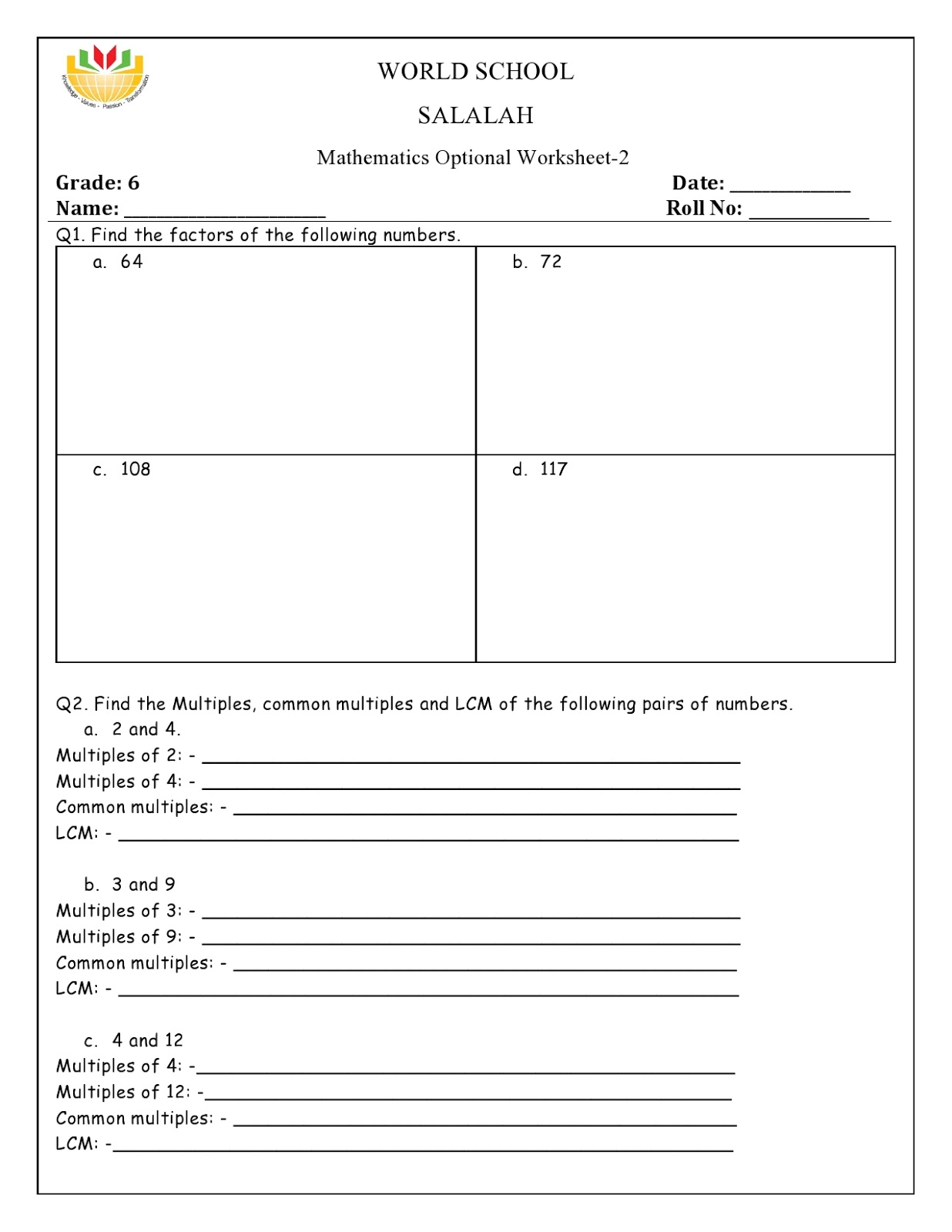Birla World School Oman: Homework for Grade 6 as on 12-11-2019