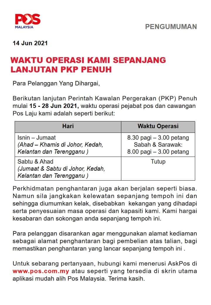 Waktu Operasi Pejabat Pos dan Pos Laju semasa PKP Penuh mulai 15 Jun ...