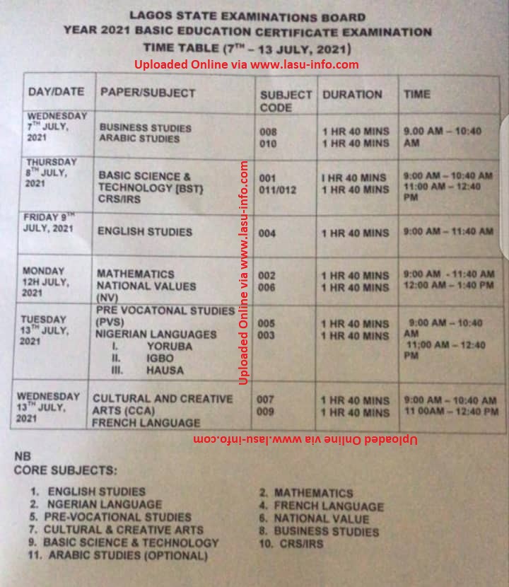 Lagos State BECE Timetable [7th - 14th July 2021] | JUNIOR WAEC