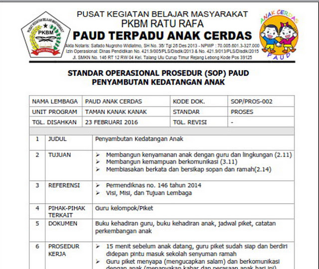STANDAR OPERASIONAL PROSEDUR PAUD | PAUD ANAK CERDAS