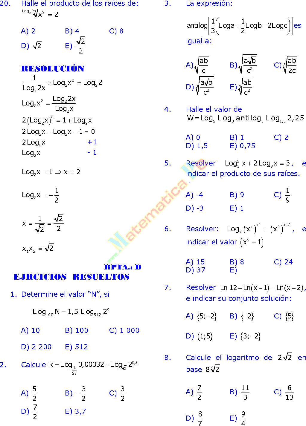 LOGARITMOS EJERCICIOS RESUELTOS DE ÁLGEBRA PREUNIVERSITARIA EN PDF