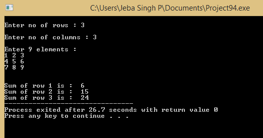 C Code 39 _ To Find the sum of elements in each row of the given matrix ...