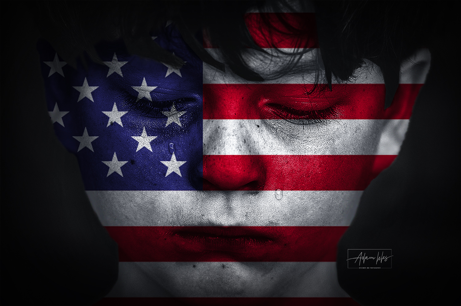 beautiful backgrounds of the American flag on the face sad child