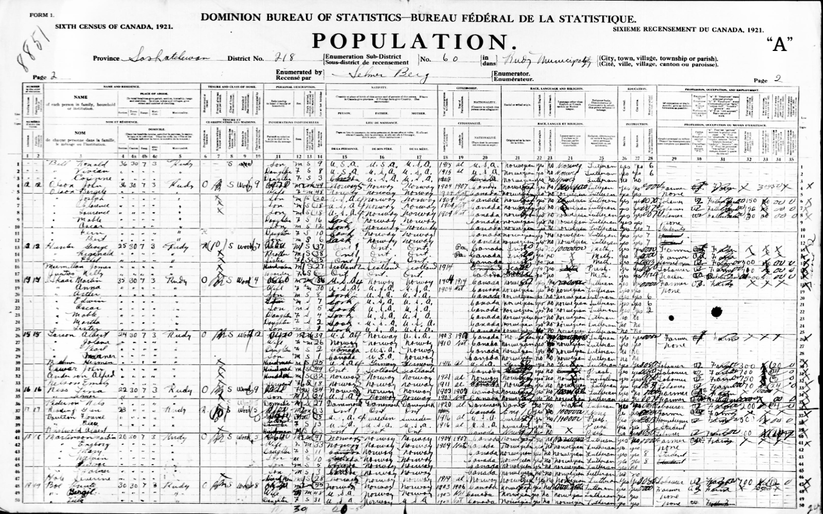 1921 Canada Census - Rasmus Finnestad, Celia (Derdall) Finnestad