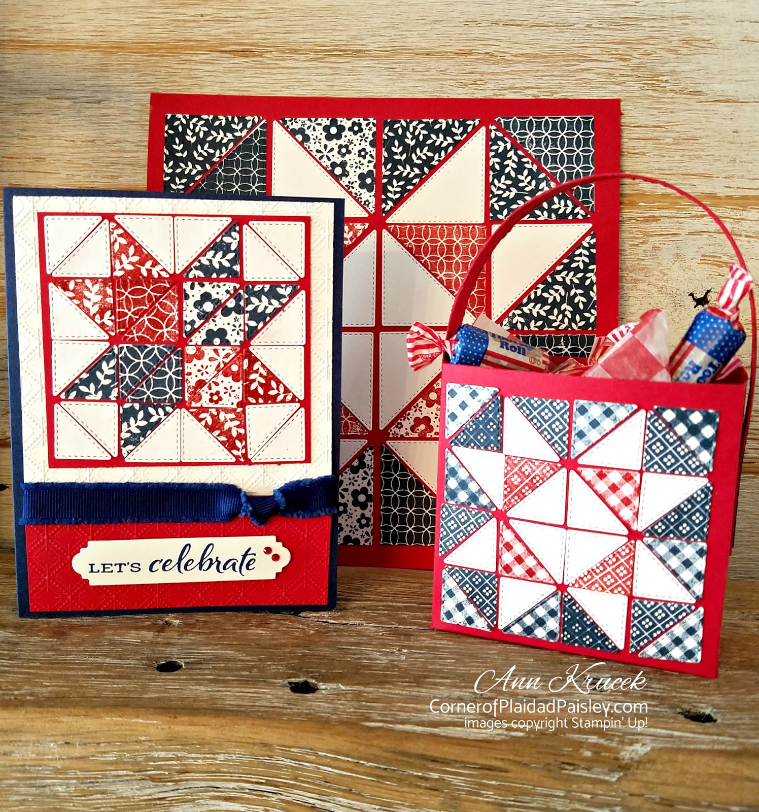 Paper Piecing Quilt Stars Treat Tote and Card - Corner of Plaid and Paisley