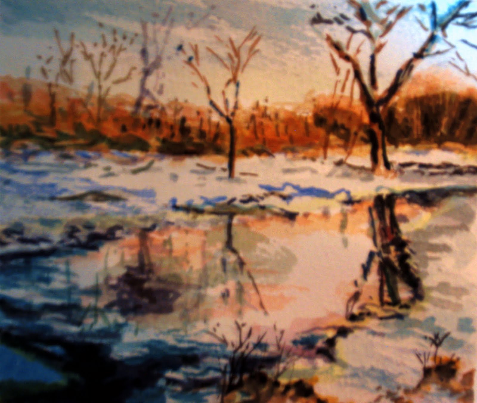 Tommy's Art: Winter Scene...Snow on the Landscape...Warm Colors