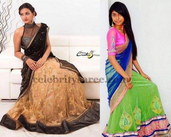 Net Half Sarees with Work - Saree Blouse Patterns