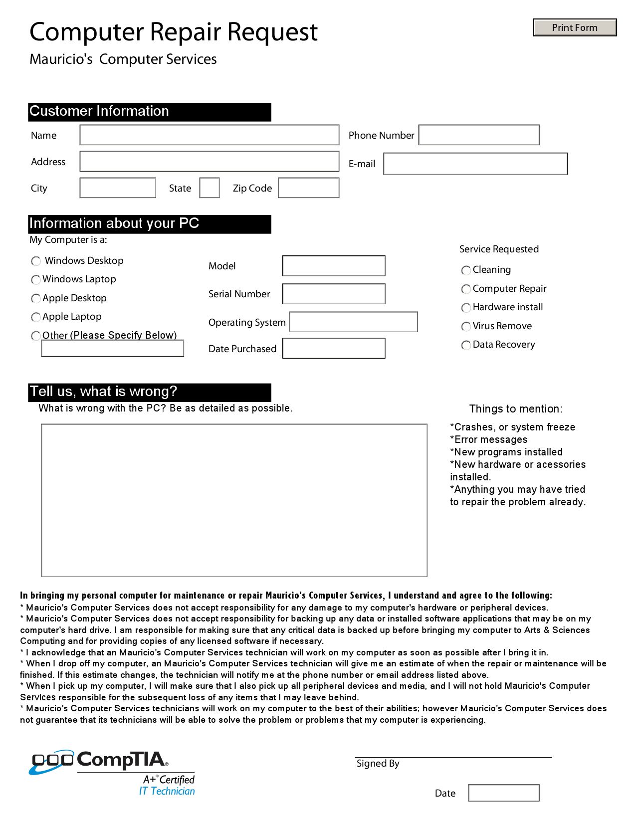 Computer Repair Form - Invoice Template