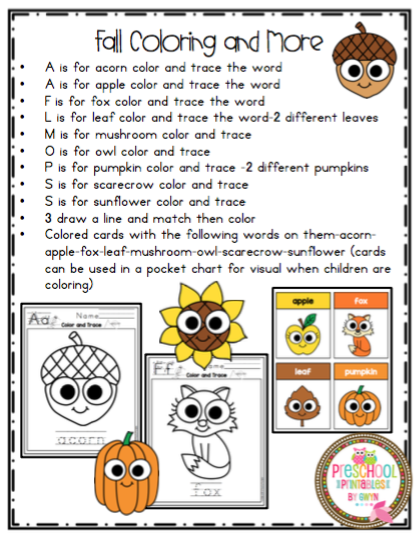 Fall Coloring and More ~ Preschool Printables