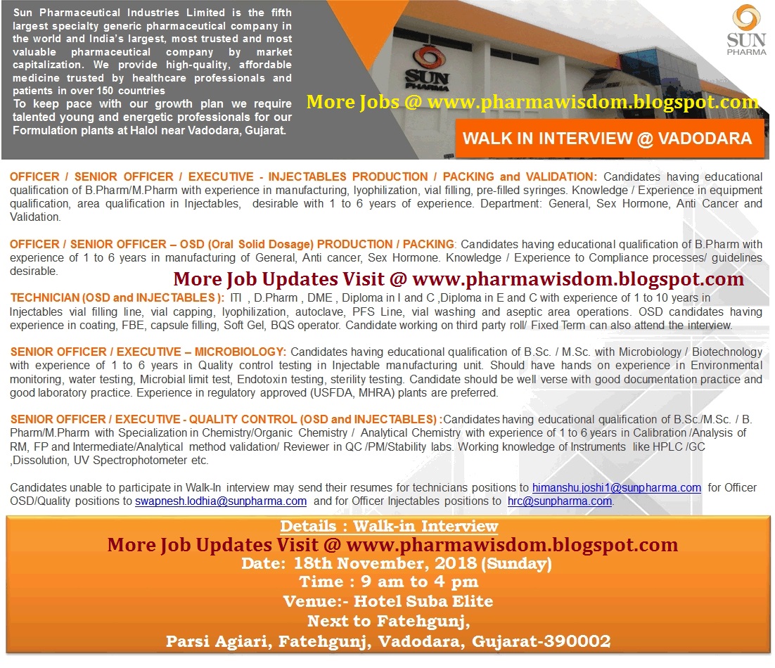 SUN PHARMA - Walk-In Interviews @ Vadodara for Production / Packing ...