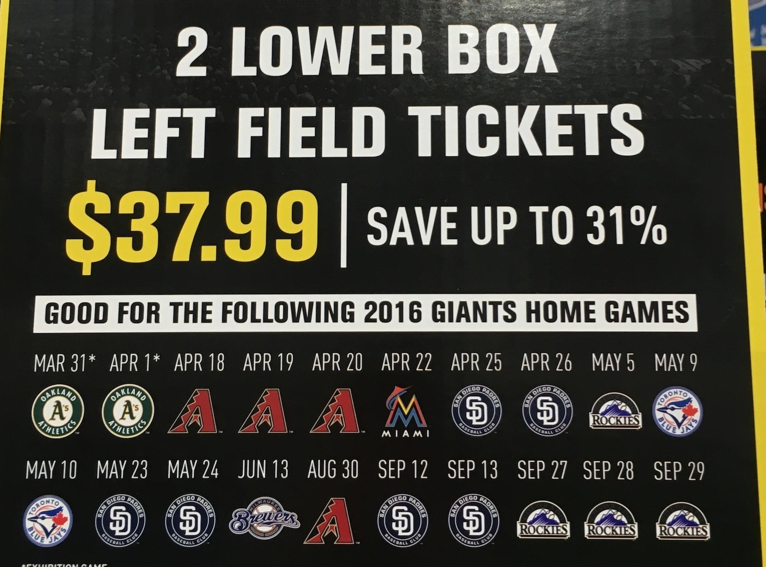 2 Lower Box Left Field San Francisco Giants Tickets (2016) | Costco ...