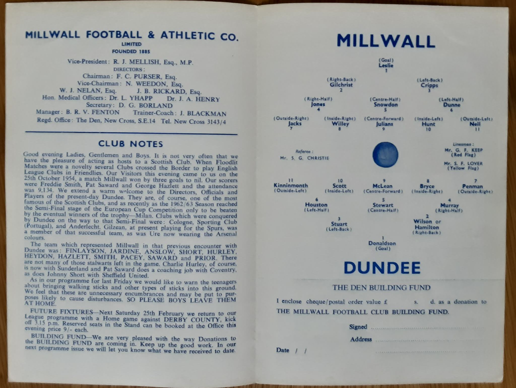 My Dundee FC Programmes: Millwall v Dundee, 20th February 1967