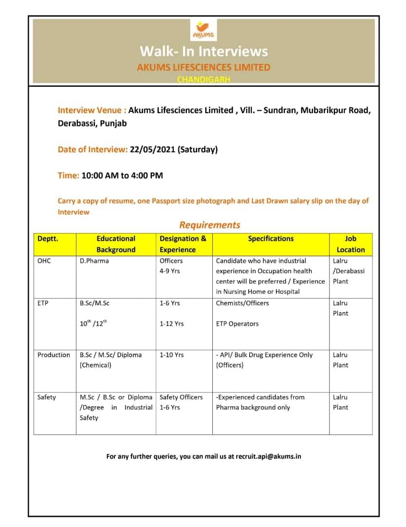 Walk-In Interviews for Production / OHC / ETP / Safety on 22nd May ...