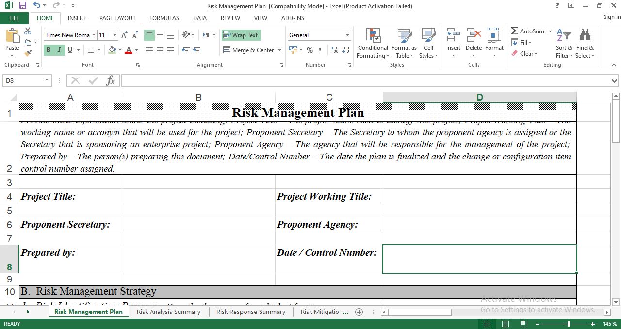 Risk Management Plan Template in Excel