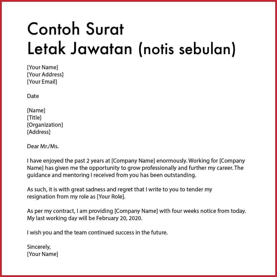 4 Contoh Surat Perletakan Jawatan (BM) Untuk Notis 24 Jam, 2 Minggu ...