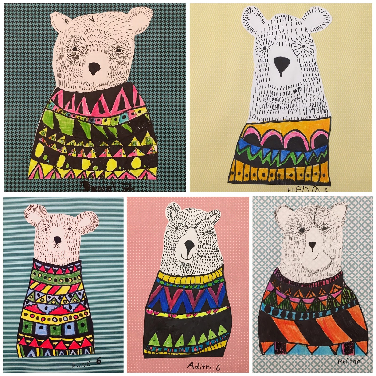 Pen and line technique art project for kids. Bear with sweater ...