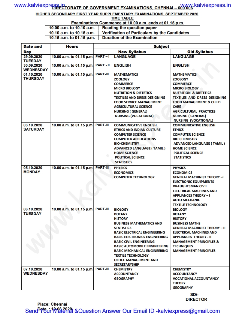TN Supplementary Exam Time Table -2020