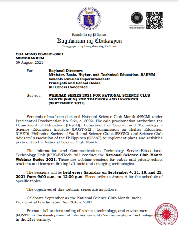 DepEd FREE 4-DAY WEBINAR SERIES 2021 FOR NATIONAL SCIENCE CLUB MONTH ...