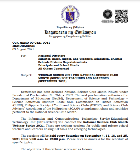 DepEd FREE 4-DAY WEBINAR SERIES 2021 FOR NATIONAL SCIENCE CLUB MONTH ...