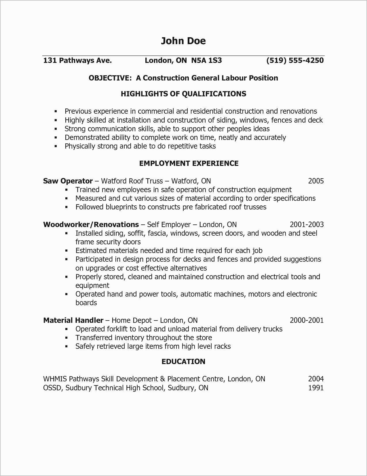 Construction Worker Resume Objective ~ Resume Letter