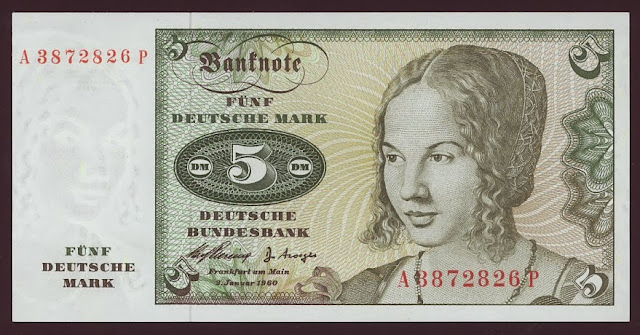 German currency 5 Deutsche Mark banknote 1960 Venetian Woman by ...