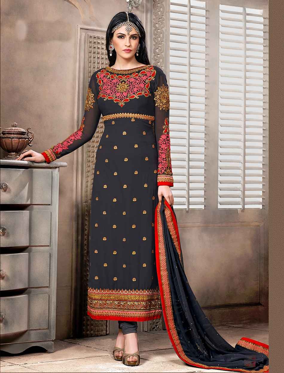 ATTRACTIVE EMBROIDERED STRAIGHT CUT DESIGNER SUIT