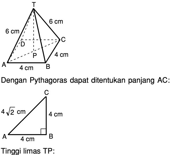 Diketahui limas beraturan T.ABCD dengan ABCD adalah persegi yang memiliki panjang AB = 4 cm dan ...
