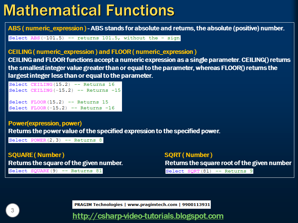 Sql server, .net and c# video tutorial: Part 29 –Mathematical functions