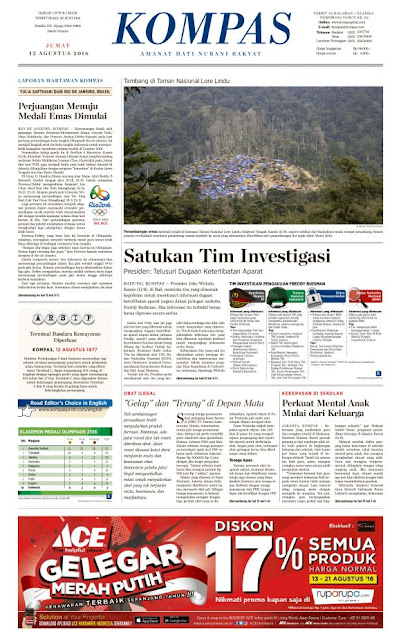 Kompas Hari Ini: Kompas Edisi Jumat 12 Agustus 2016