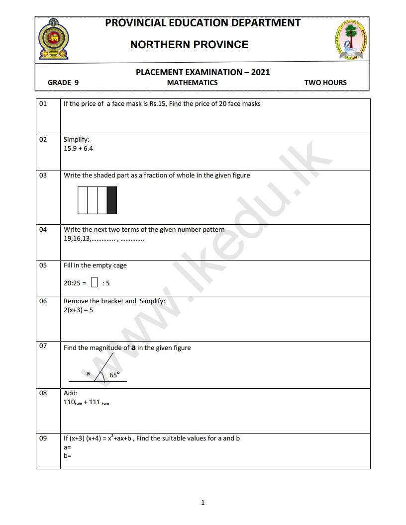 Grade 9 - Maths - Placement Examination - 2021 - Northern Province ...