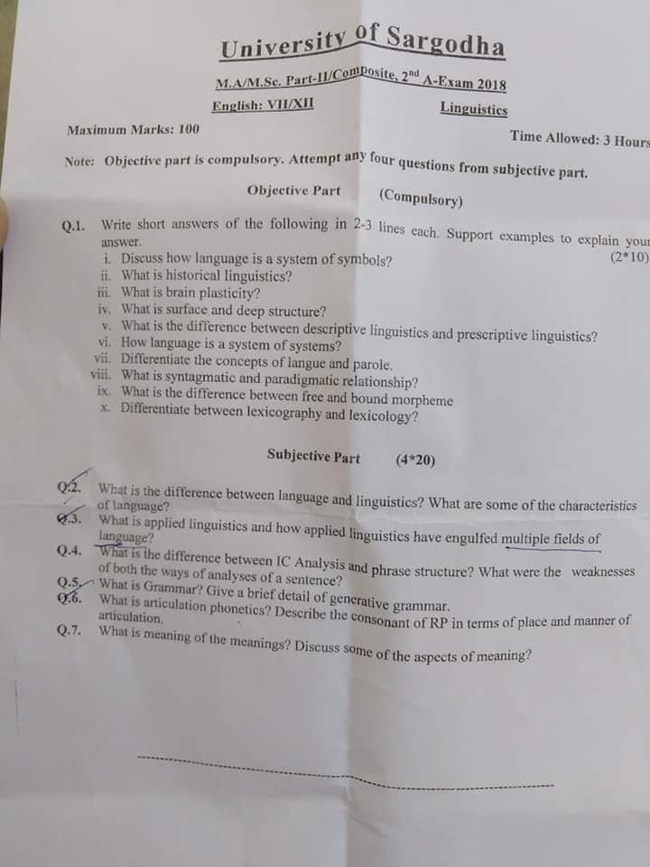 M.A English Part II Past Paper University of Sargodha UOS 2nd Annual ...