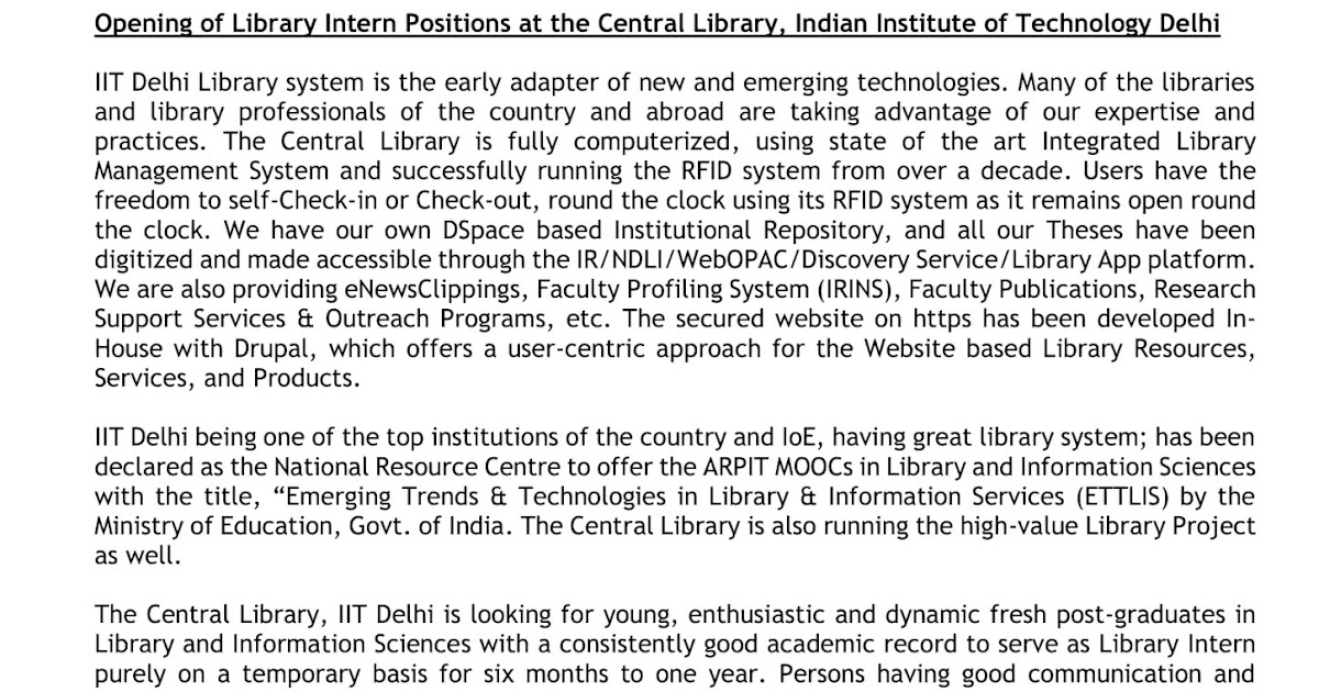 Opening of Library Intern Positions at the Central Library, Indian ...
