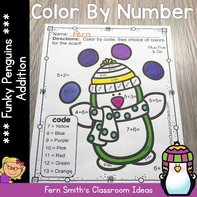 WINTER COLOR BY NUMBER FUNKY PENGUINS ADDITION, SUBTRACTION ...