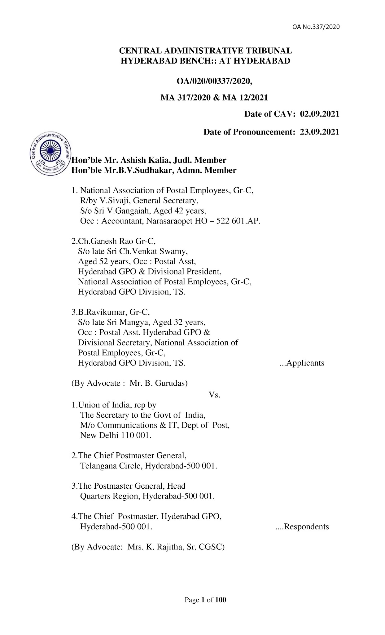 Down gradation of the Hyderabad General Post Office (GPO) CAT Case ...