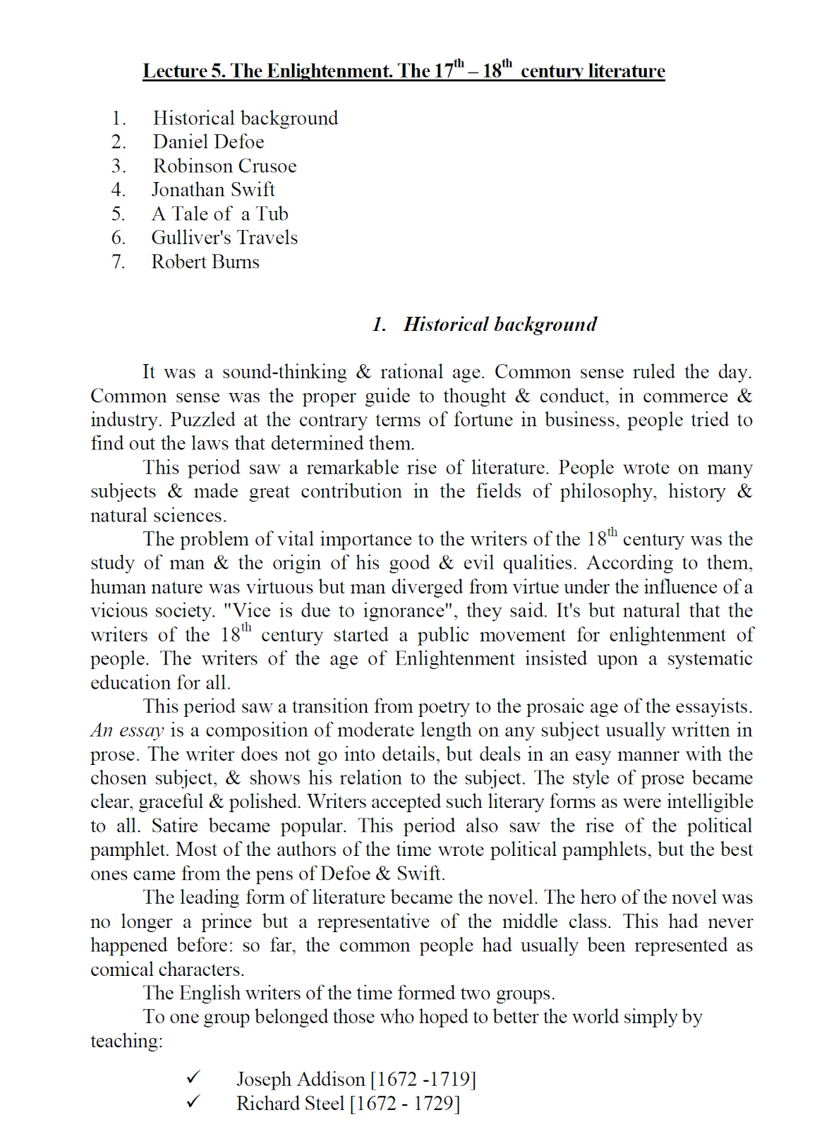 Lecture 11. The Enlightenment. The 17th-18th century literature.