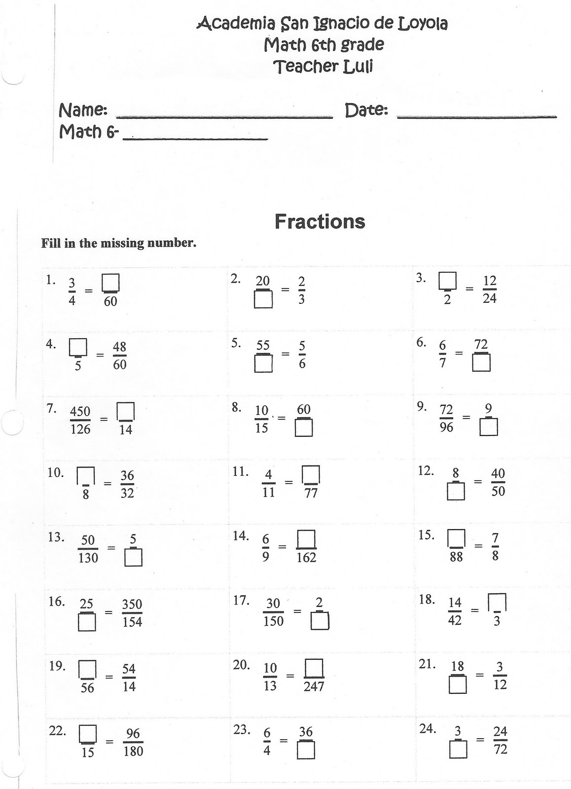 ASI Math 6th Grade 2011 2012 Equivalent Fractions Practice 3 