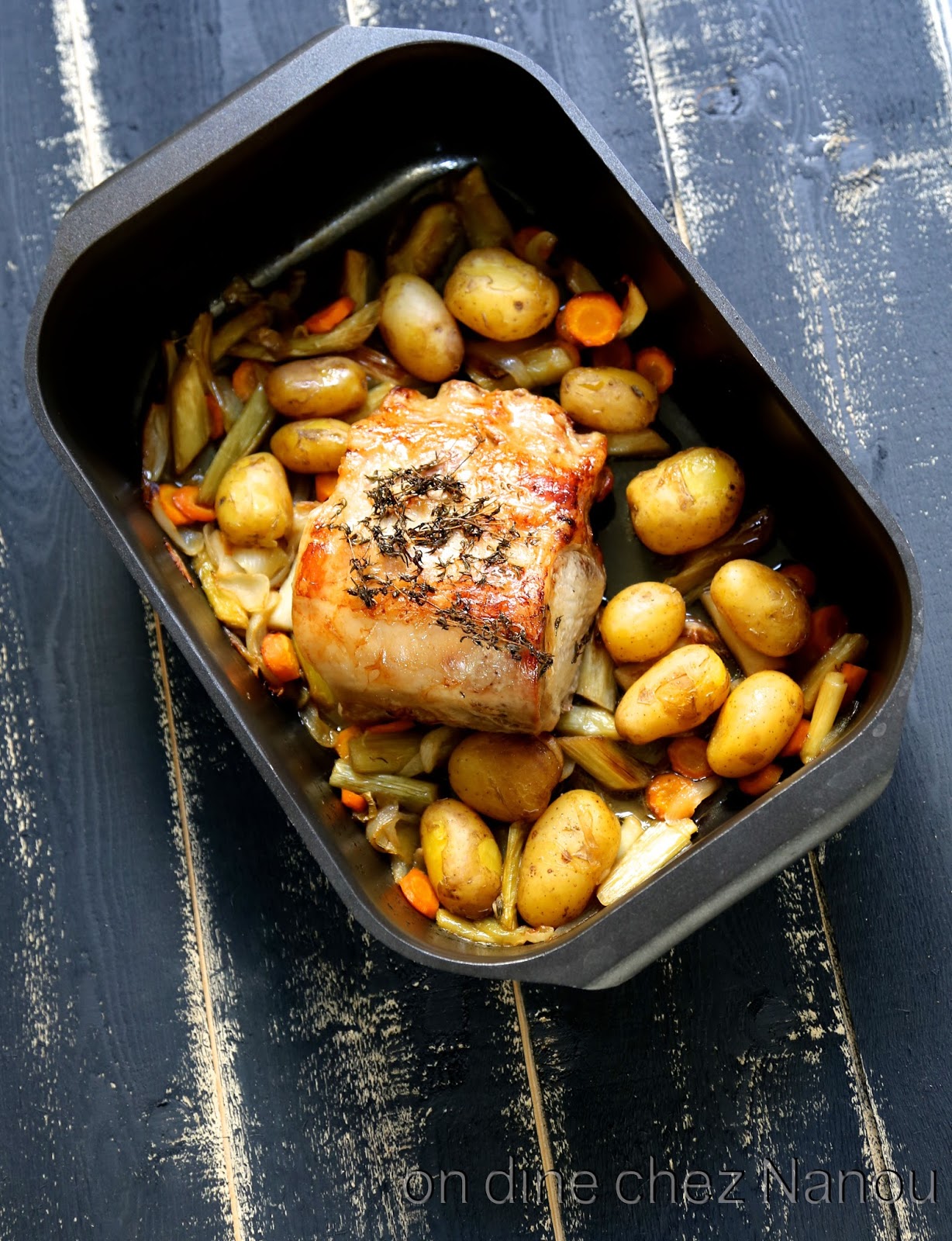 Roti de porc aux légumes et au cidre / On dine chez Nanou