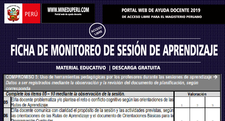 Ficha de Monitoreo de la Sesión de Aprendizaje | Rubricas | Evaluación Docente ~ Ministerio de ...