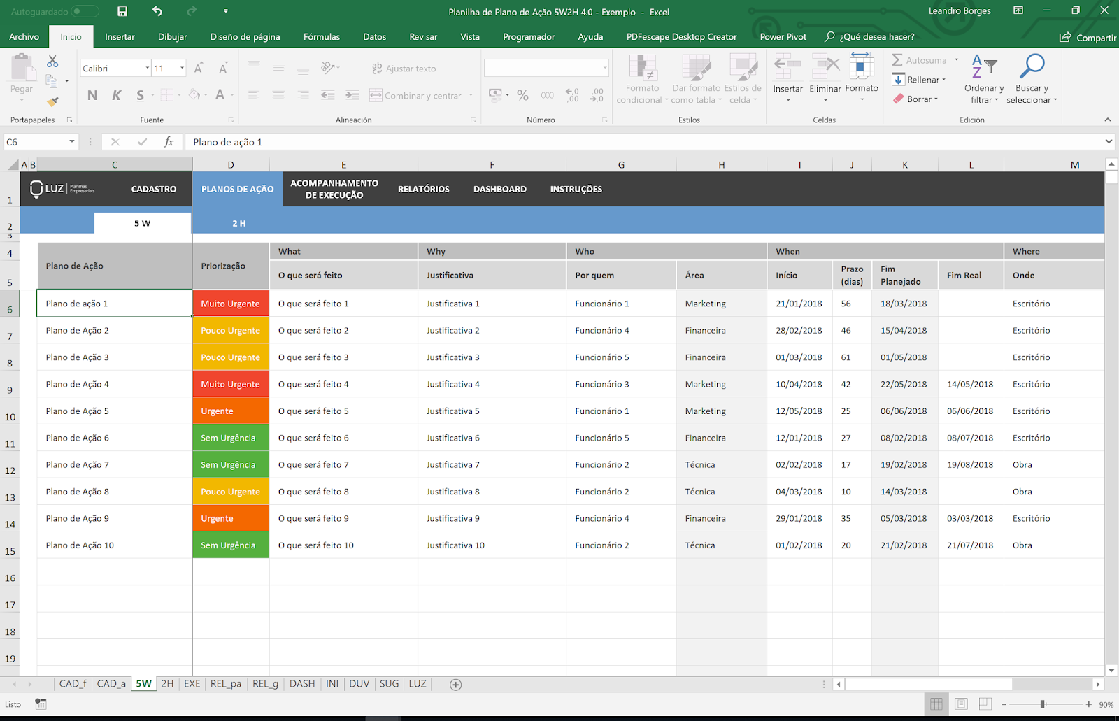 Planilha de Plano de Ação 5W2H em Excel 4.0 Planilha de Plano de Ação 5W2H em Excel 4.0