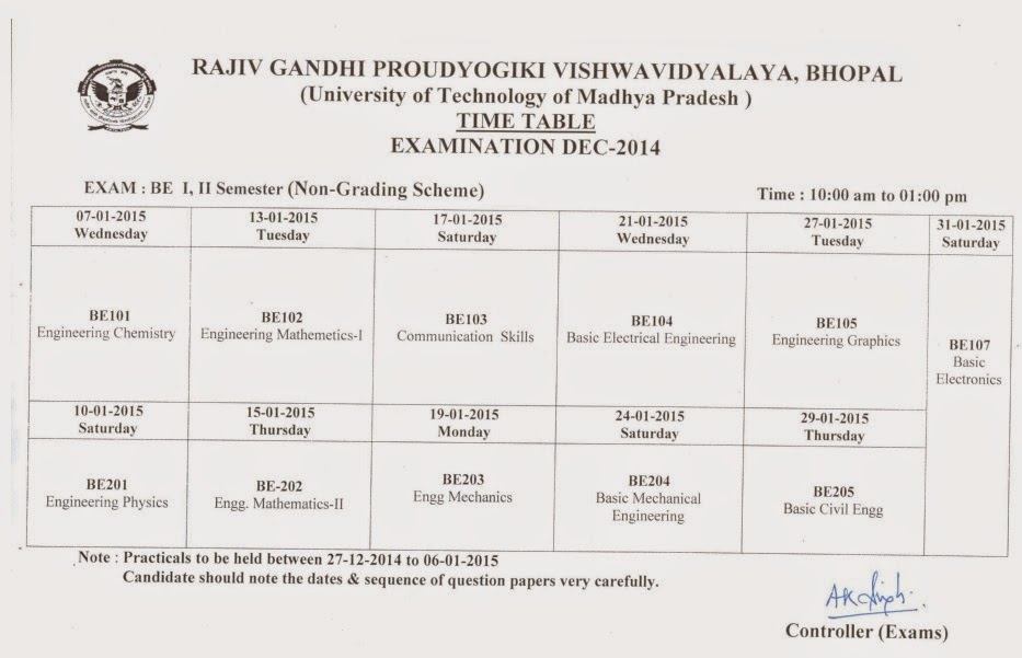 RGPV Examination Time Table: 2014