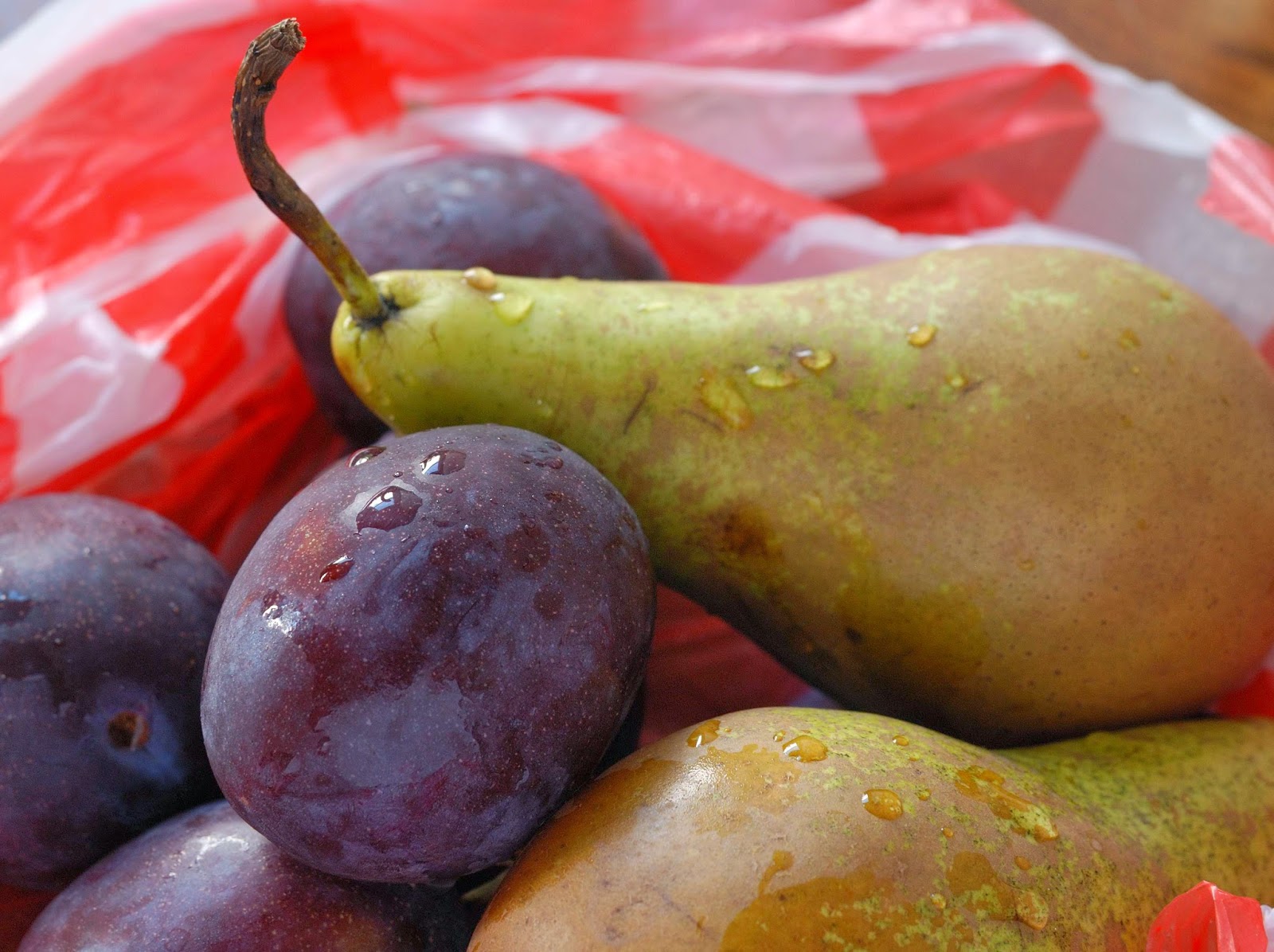 Pauline à la crème anglaise: Plum and pear pie