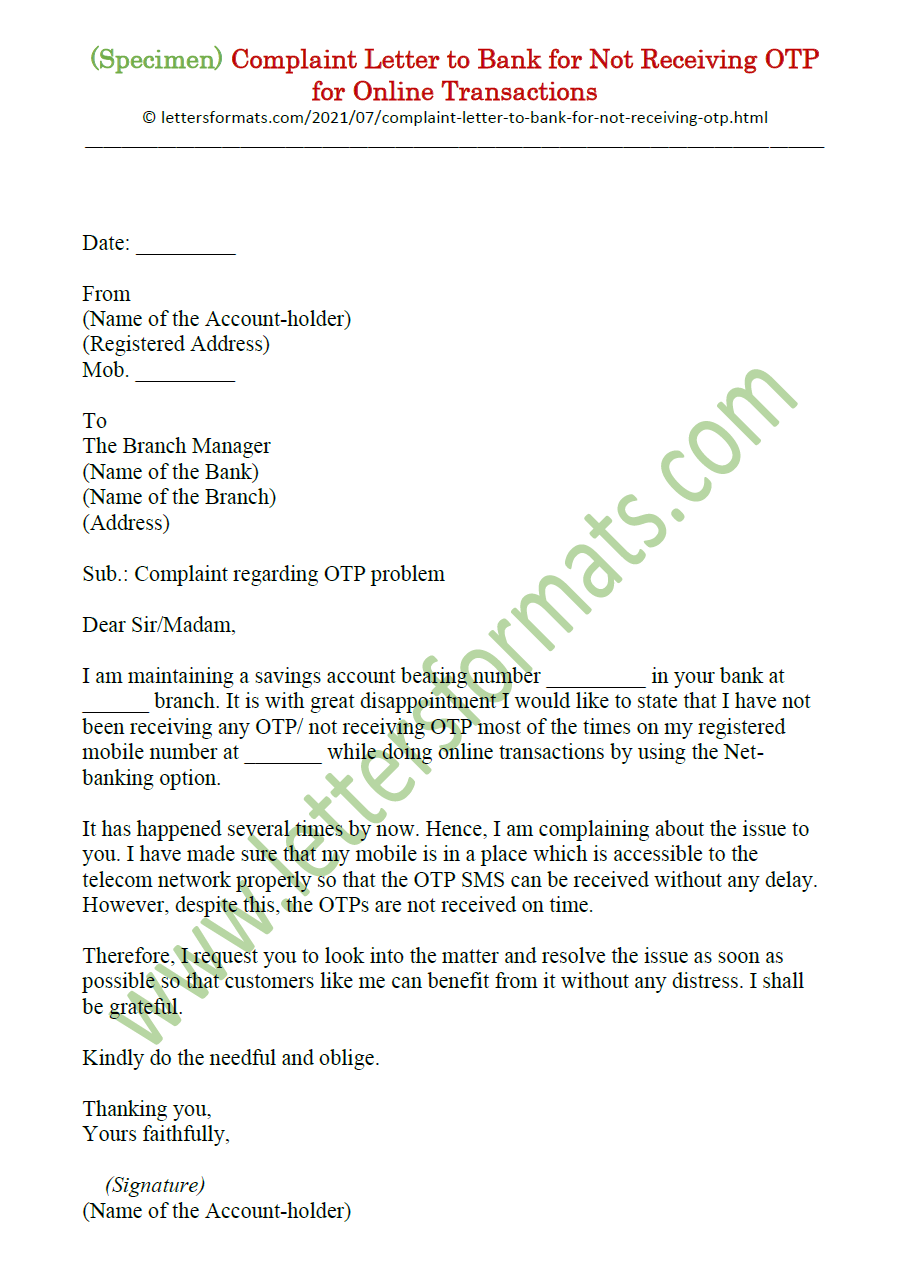 Complaint Letter To Bank For Not Receiving OTP For Transactions complaint-letter-to-bank-for-not-receiving-otp-for-transactions