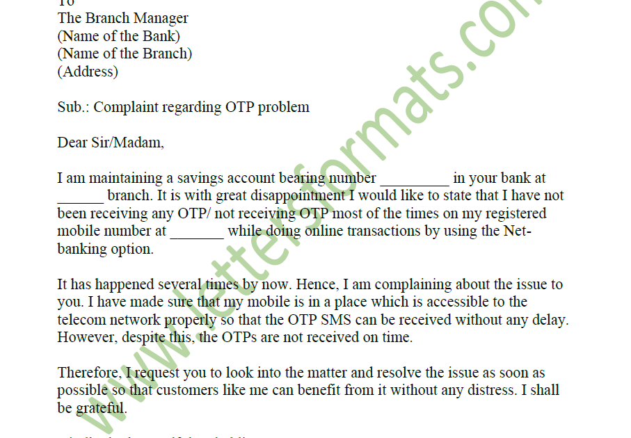 Complaint Letter to Bank for Not Receiving OTP for Transactions