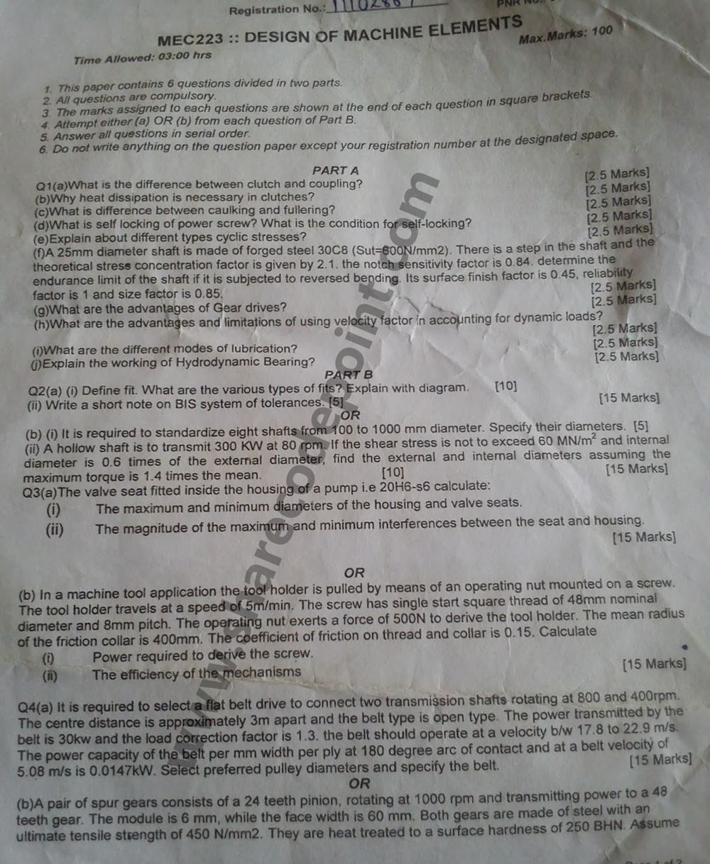 MEC223 : Design of Machine Elements End Term Exam Question Paper - MEC ...
