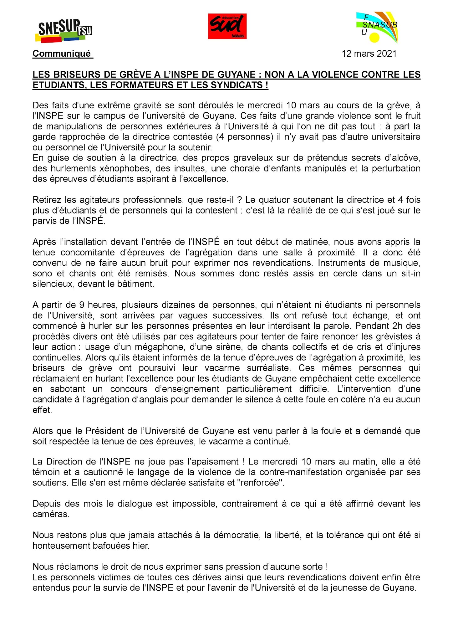 Conflit à l'INSPE de Guyane