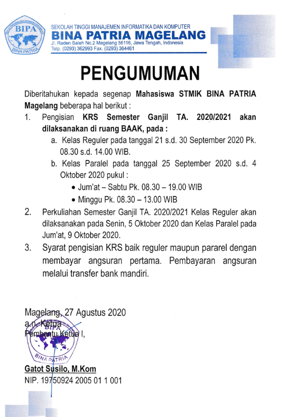 Pengumuman KRS 2020/2021 Ganjil - STMIK Bina Patria