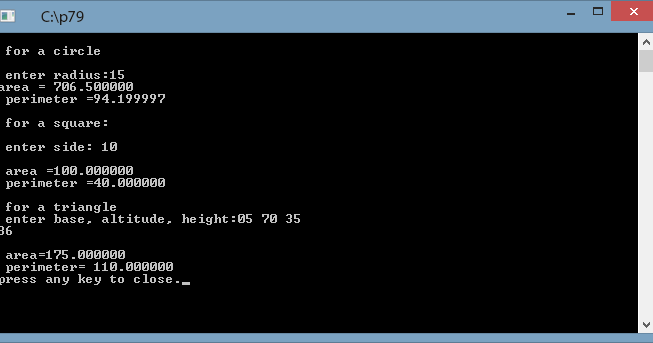 program that calculates area and perimeter of a triangle, square, and ...