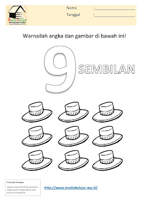 Mewarnai Angka 9 (Sembilan) dan Mewarnai Gambar Topi