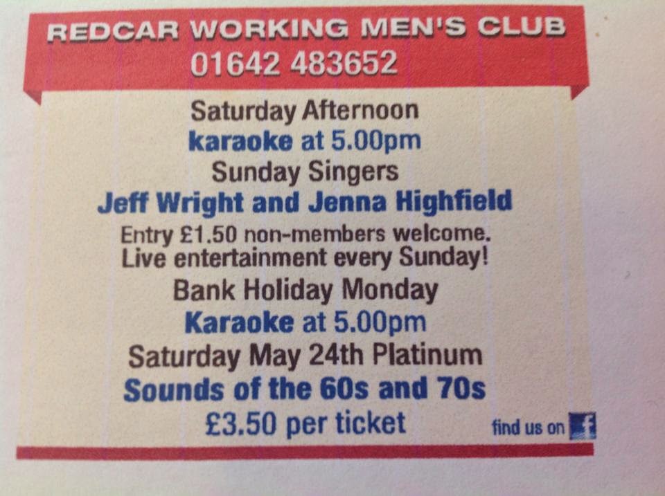 Redcar, North Yorkshire, UK.: Redcar working mens clubs May events